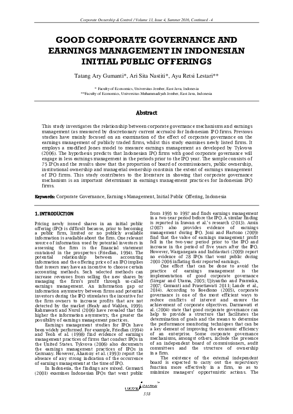 (PDF) Good Corporate Governance and Earnings Management in Indonesian Initial Public Offerings