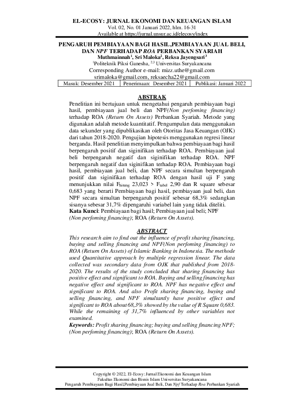 (PDF) Pengaruh Pembiayaan Bagi Hasil,Pembiayaan Jual Beli, Dan NPF Terhadap Roa Perbankan Syariah