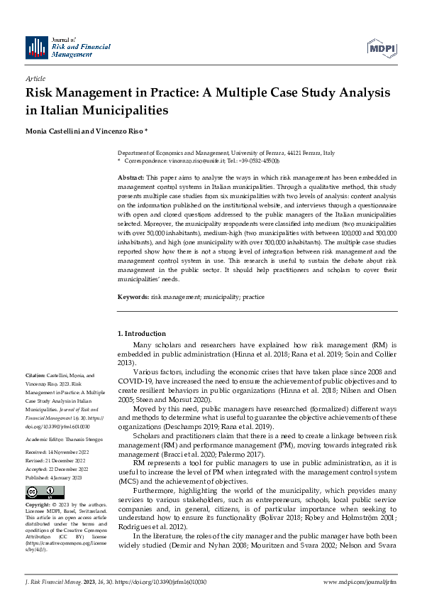 (PDF) Risk Management in Practice: A Multiple Case Study Analysis in Italian Municipalities