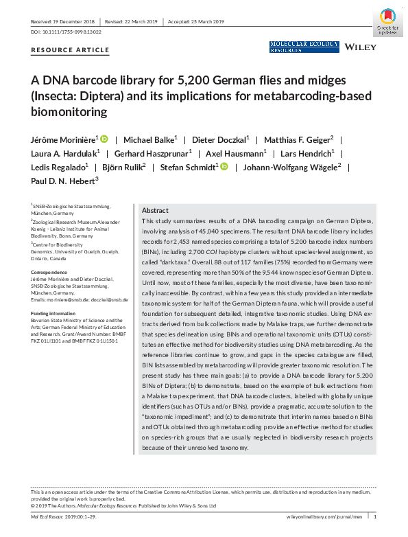 (PDF) A DNA barcode library for 5,200 German flies and midges (Insecta ...