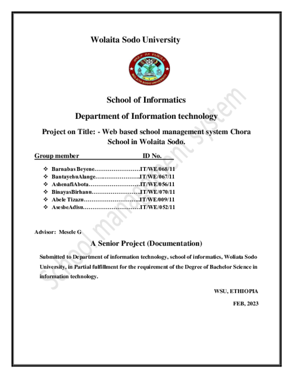 (PDF) Project on Title: -Web based school management system Chora School in Wolaita Sodo. Group ...