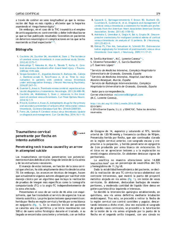 (PDF) Traumatismo cervical penetrante por flecha en intento autolítico ...