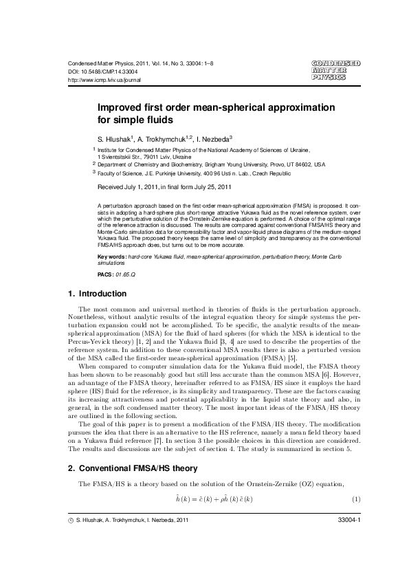 (PDF) Improved first order mean spherical approximation for simple fluids