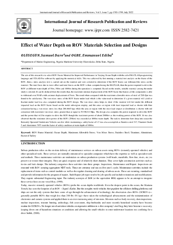 (PDF) Effect of Water Depth on ROV Materials Selection and Designs