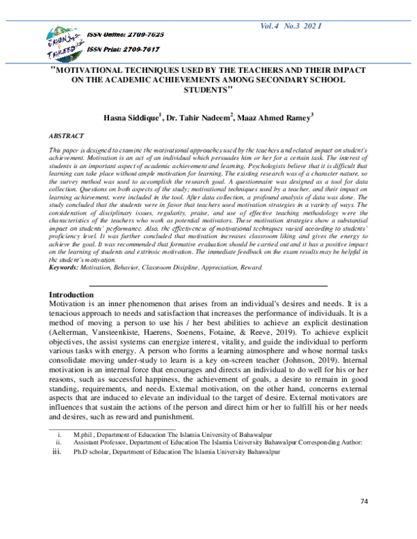 (PDF) Motivational Techniques Used by the Teachers and Their Impact on the Academic Achievements ...