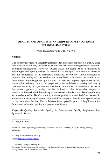 (PDF) QUALITY AND QUALITY STANDARDS IN CONSTRUCTION: A SYSTEMATIC REVIEW