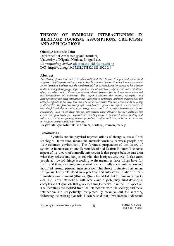 (PDF) THEORY OF SYMBOLIC INTERACTIONISM IN HERITAGE TOURISM: ASSUMPTIONS, CRITICISMS AND ...
