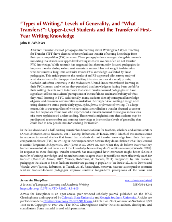 (PDF) Types of Writing, Levels of Generality, and What Transfers ...