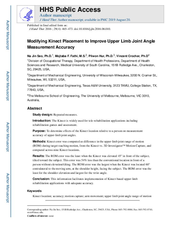 (PDF) Modifying Kinect placement to improve upper limb joint angle measurement accuracy