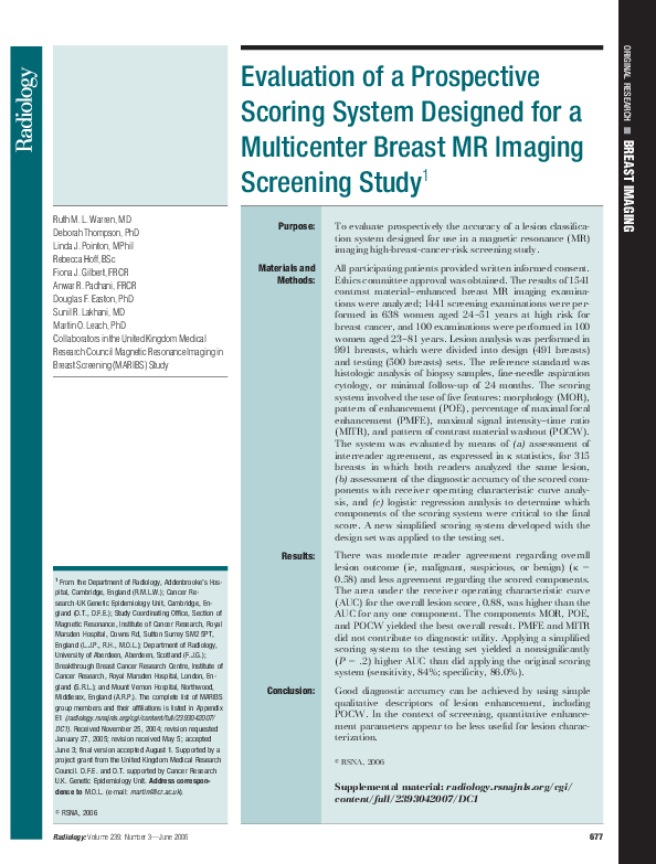 (PDF) Evaluation of a Prospective Scoring System Designed for a Multicenter Breast MR Imaging ...