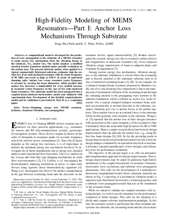 (PDF) High-Fidelity Modeling of MEMS Resonators—Part I: Anchor Loss Mechanisms Through Substrate