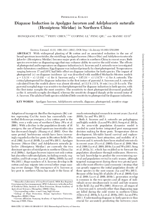 (PDF) Diapause Induction in Apolygus lucorum and Adelphocoris suturalis (Hemiptera: Miridae) in ...