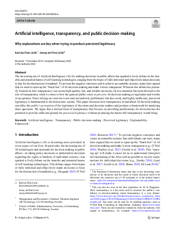 (PDF) Artificial intelligence, transparency, and public decision-making
