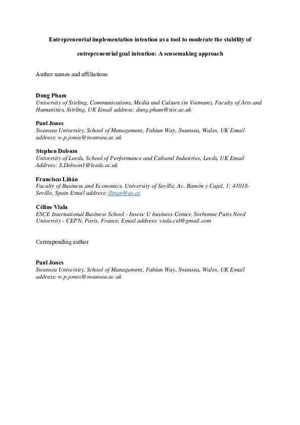 (PDF) Entrepreneurial implementation intention as a tool to moderate the stability of ...