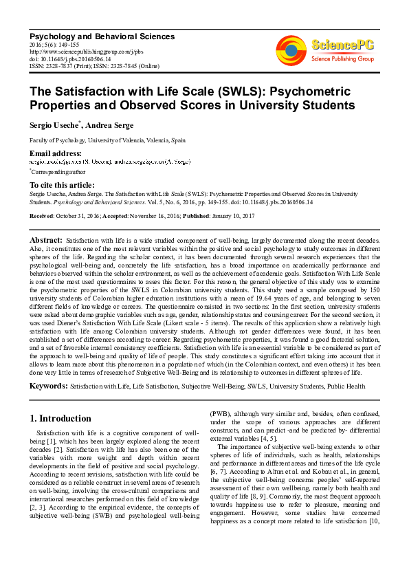 (PDF) The Satisfaction With Life Scale (SWLS): Psychometric Properties ...