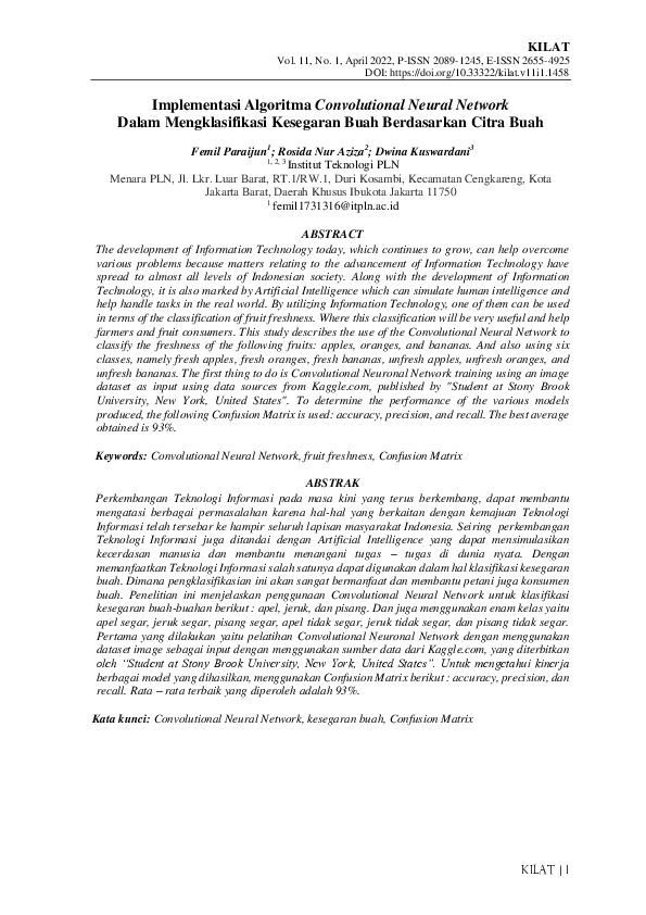 Pdf Implementasi Algoritma Convolutional Neural Network Dalam Mengklasifikasi Kesegaran Buah 3539