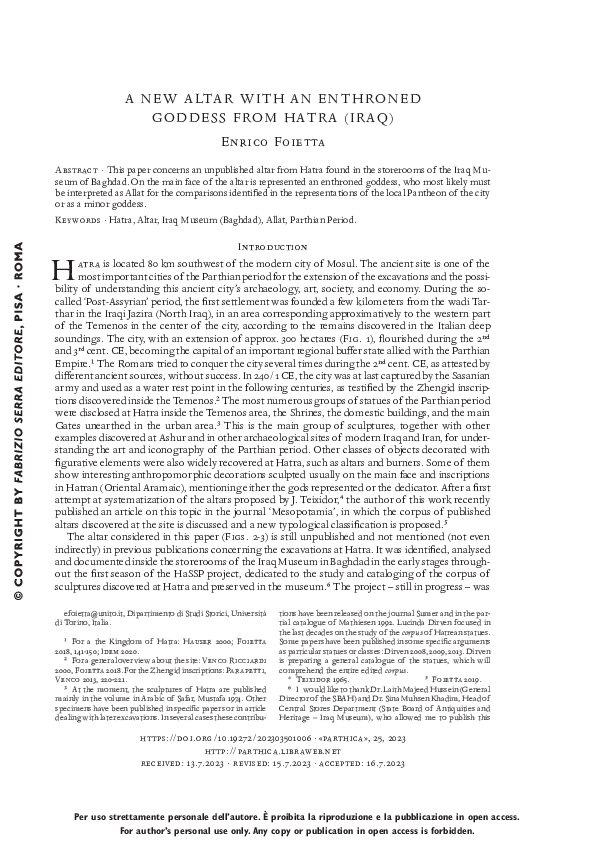 (PDF) A NEW ALTAR WITH AN ENTHRONED GODDESS FROM HATRA (IRAQ)