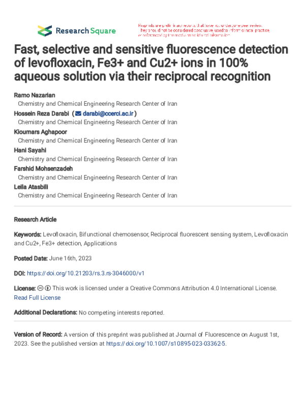 (PDF) Fast, selective and sensitive fluorescence detection of levofloxacin, Fe3+ and Cu2+ ions ...