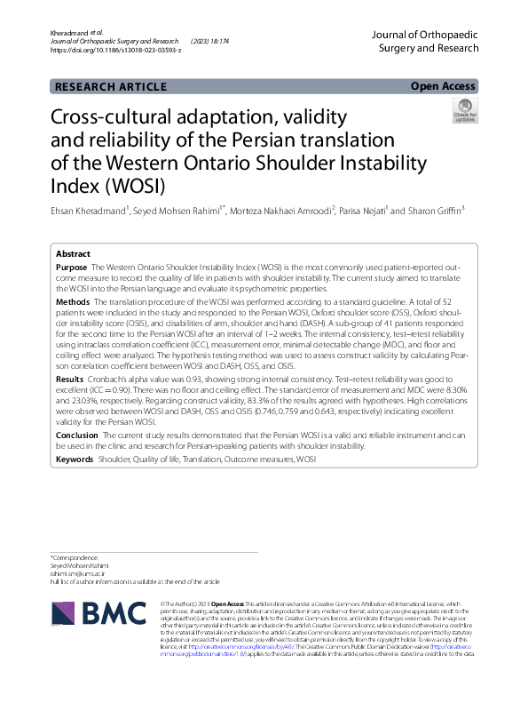 (PDF) Cross-cultural adaptation, validity and reliability of the Persian translation of the ...