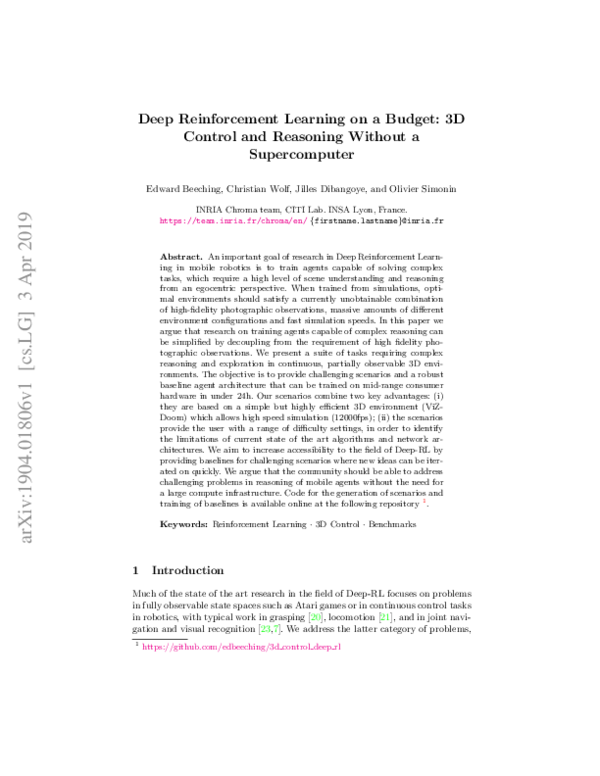 (PDF) Deep Reinforcement Learning on a Budget: 3D Control and Reasoning Without a Supercomputer