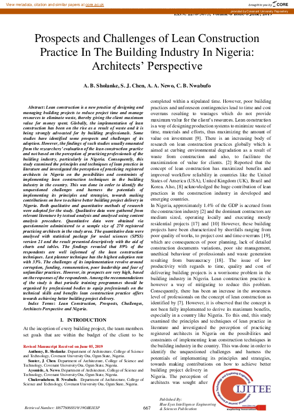 (PDF) Prospects and Challenges of Lean Construction Practice In The ...