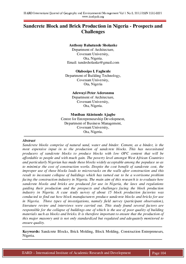 (PDF) Sandcrete Block and Brick Production in Nigeria - Prospects and ...