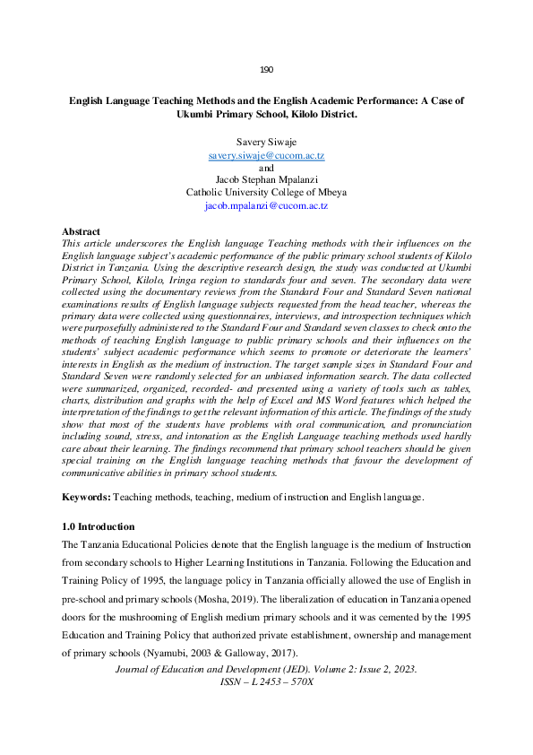 (PDF) English Language Teaching Methods and the English Academic Performance: A Case of Ukumbi ...