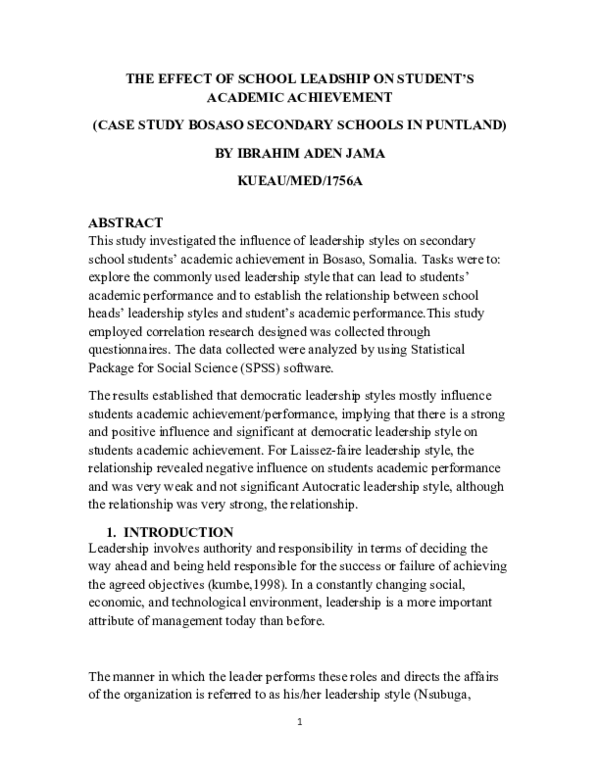 (DOC) THE EFFECT OF SCHOOL LEADSHIP ON STUDENT'S ACADEMIC ACHIEVEMENT ...