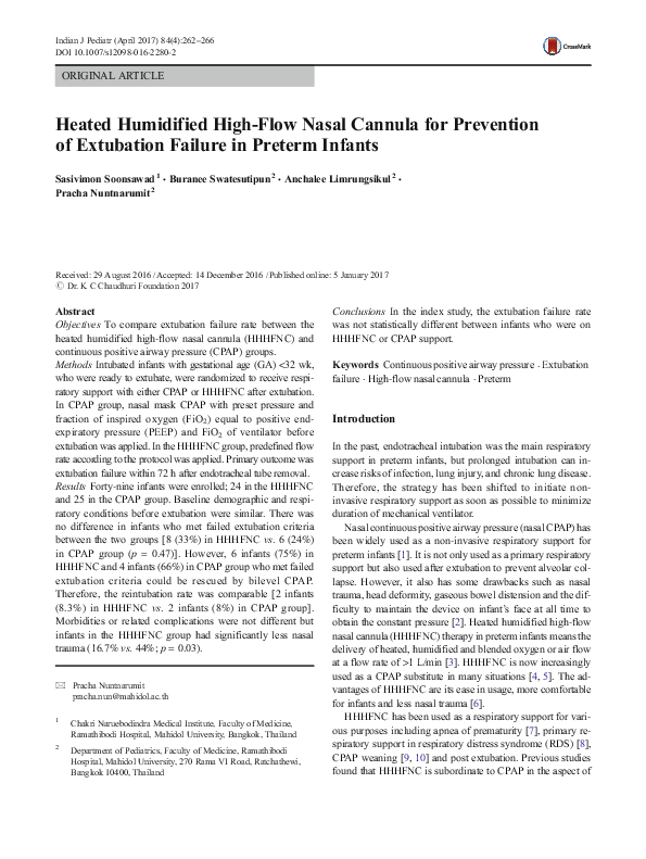 (PDF) Heated Humidified High-Flow Nasal Cannula for Prevention of ...