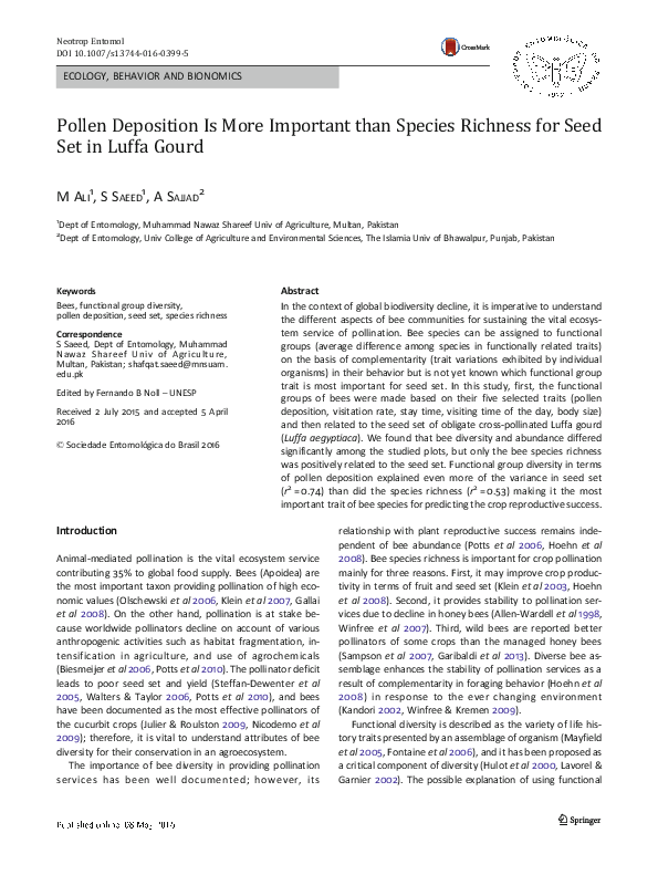 (PDF) Pollen Deposition Is More Important than Species Richness for ...