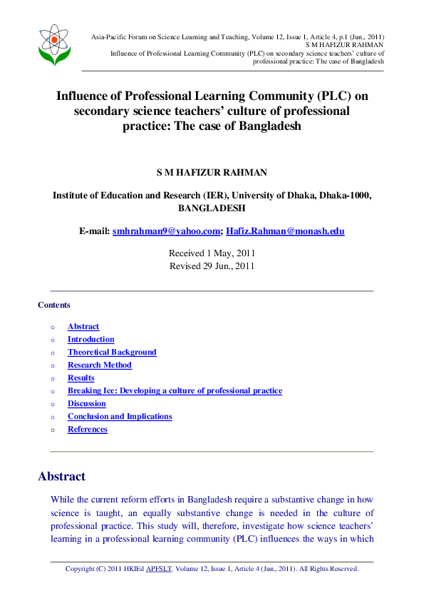 (PDF) Influence of Professional Learning Community (PLC) on Secondary Science Teachers' Culture ...