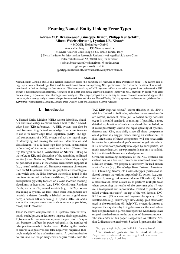 (PDF) Framing Named Entity Linking Error Types