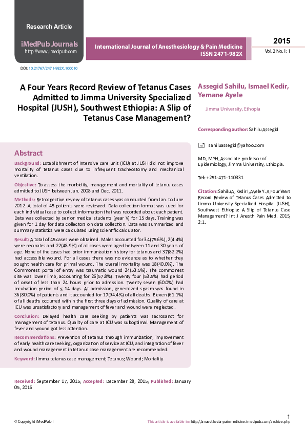 (PDF) A Four Years Record Review of Tetanus Cases Admitted to Jimma ...