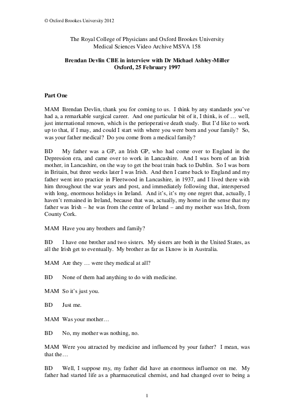 (PDF) Mr Brendan Devlin CBE MD FRCS in interview with Dr Michael Ashley ...
