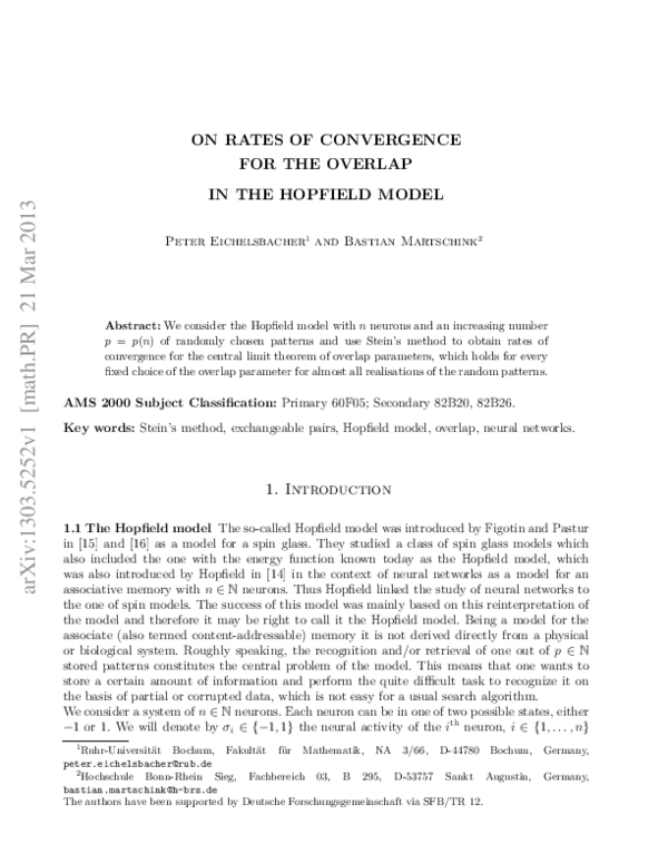 (PDF) On rates of convergence for the overlap in the Hopfield model