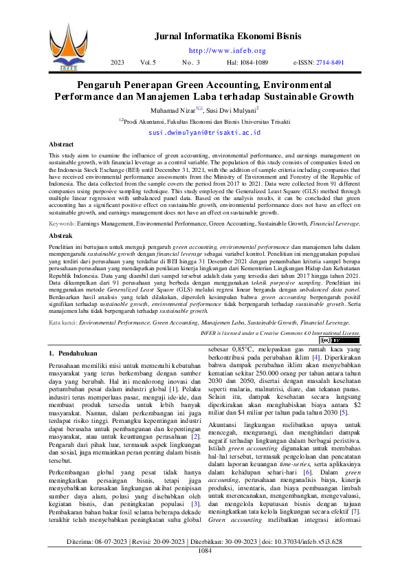 (PDF) Pengaruh Penerapan Green Accounting, Environmental Performance dan Manajemen Laba terhadap ...