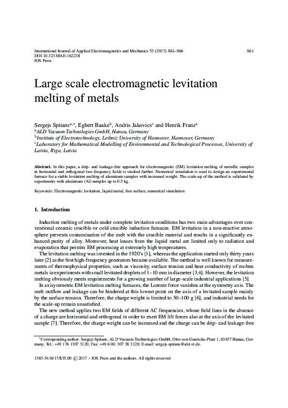 (PDF) Large scale electromagnetic levitation melting of metals | Henrik Franz - Academia.edu