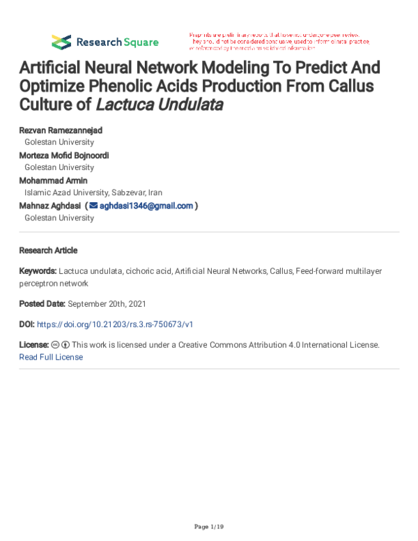 (PDF) Artificial Neural Network Modeling To Predict And Optimize Phenolic Acids Production From ...