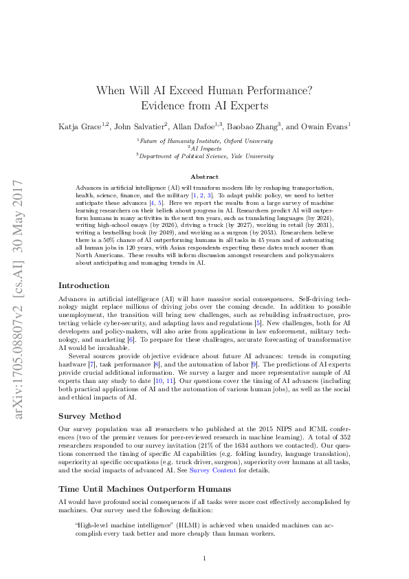 (PDF) Viewpoint: When Will AI Exceed Human Performance? Evidence from AI Experts