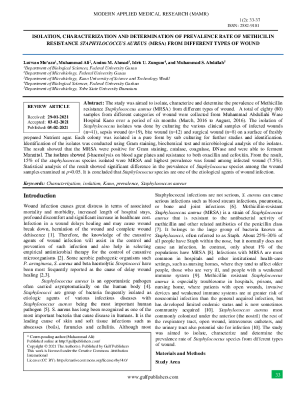 Pdf Isolation Characterization And Determination Of Prevalence Rate Of Methicilin Resistance