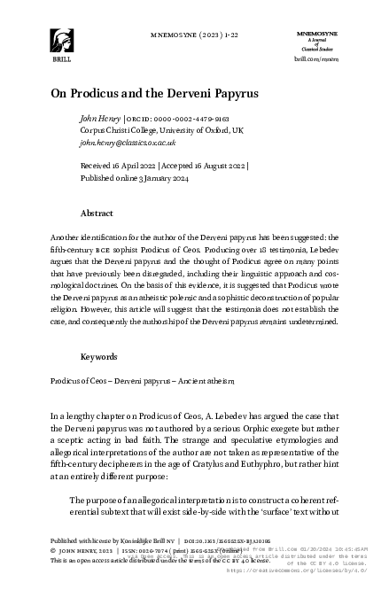 (PDF) On Prodicus and the Derveni Papyrus | John Henry - Academia.edu
