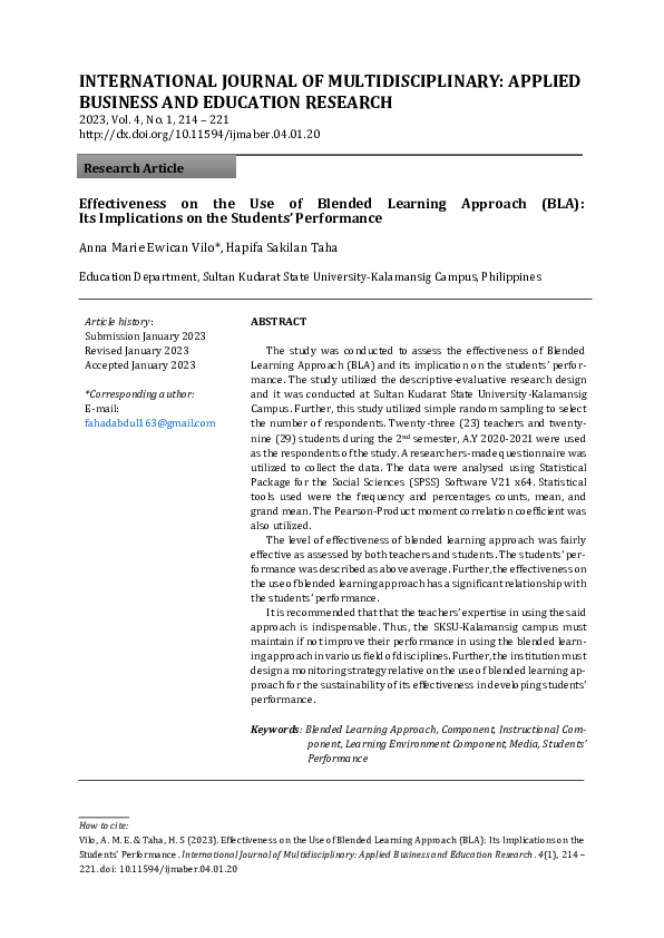 (PDF) Effectiveness on the Use of Blended Learning Approach (BLA): Its Implications on the ...