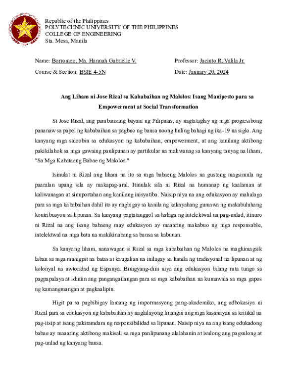 (PDF) Ang Liham ni Jose Rizal sa Kababaihan ng Malolos: Isang Manipesto ...