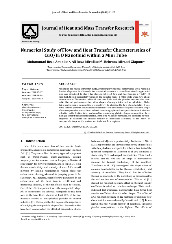 (PDF) Numerical study of flow and heat transfer characteristics of CuO ...