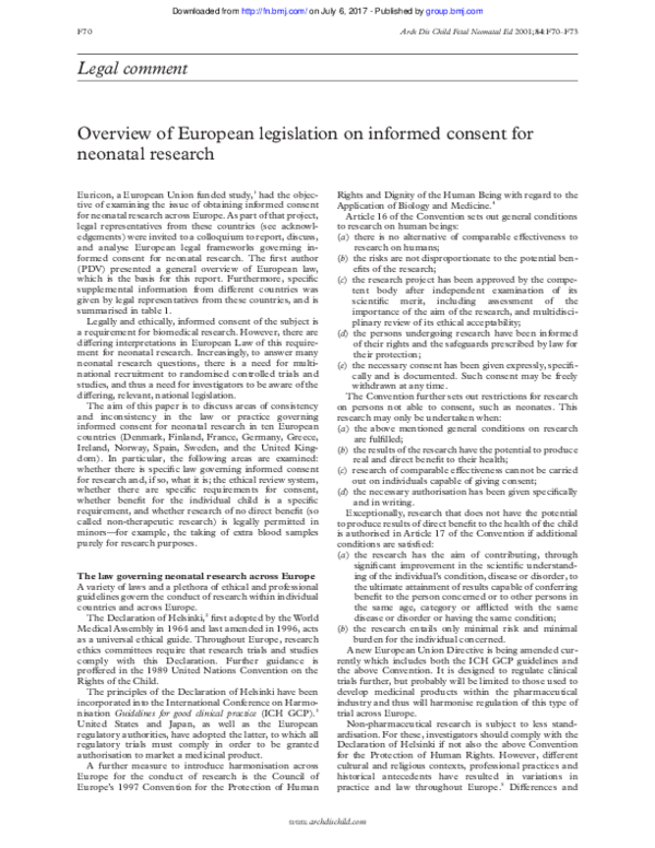 (PDF) Overview of European legislation on informed consent for neonatal ...