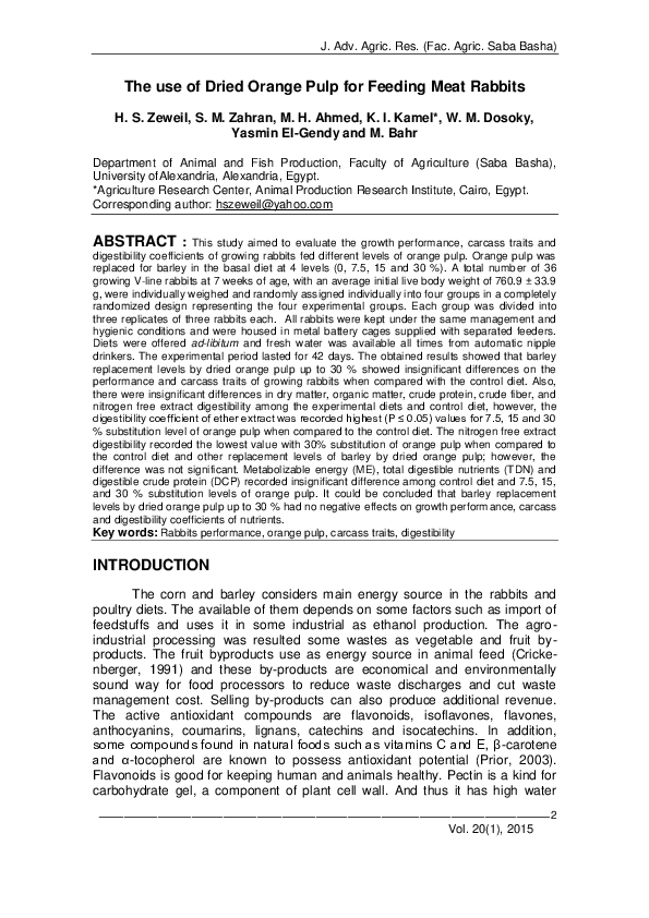 (PDF) The use of Dried Orange Pulp for Feeding Meat Rabbits