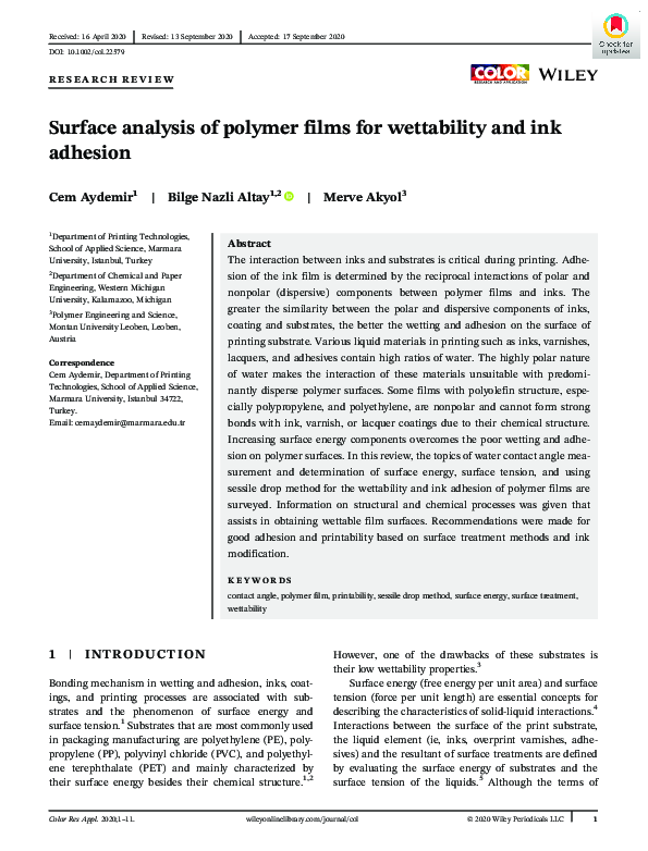 (PDF) Surface analysis of polymer films for wettability and ink adhesion