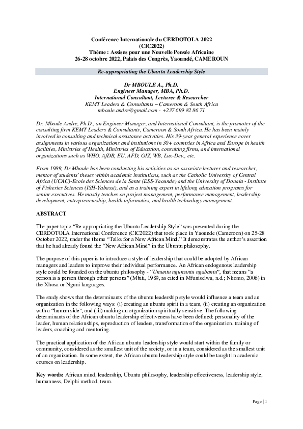 (PDF) Re-appropriating the Ubuntu Leadership Style