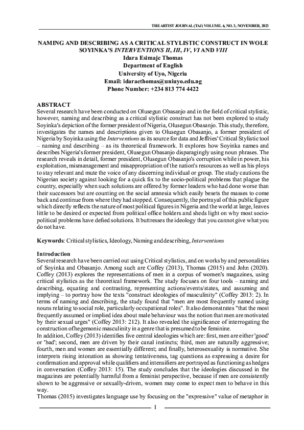 (PDF) NAMING AND DESCRIBING AS A CRITICAL STYLISTIC CONSTRUCT IN WOLE ...