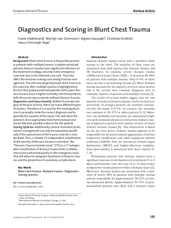 (PDF) Diagnostics and Scoring in Blunt Chest Trauma